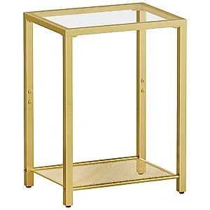 HOOBRO Side Table, 2-Tier End Table, Nightstand for Tight Spaces, Tempered Glass Bedside Table, Modern Metal Frame, for Office, Bedroom, Living Room, Study, Gold GD76BZ01