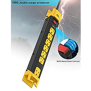 CRST 7-Outlet Heavy Duty Surge Protector Power Strip with Flat Plug, 9 feet Long Extension Cord for Home Garage Industrial Workshop, 1350 Joules, 15A Circuit Breaker