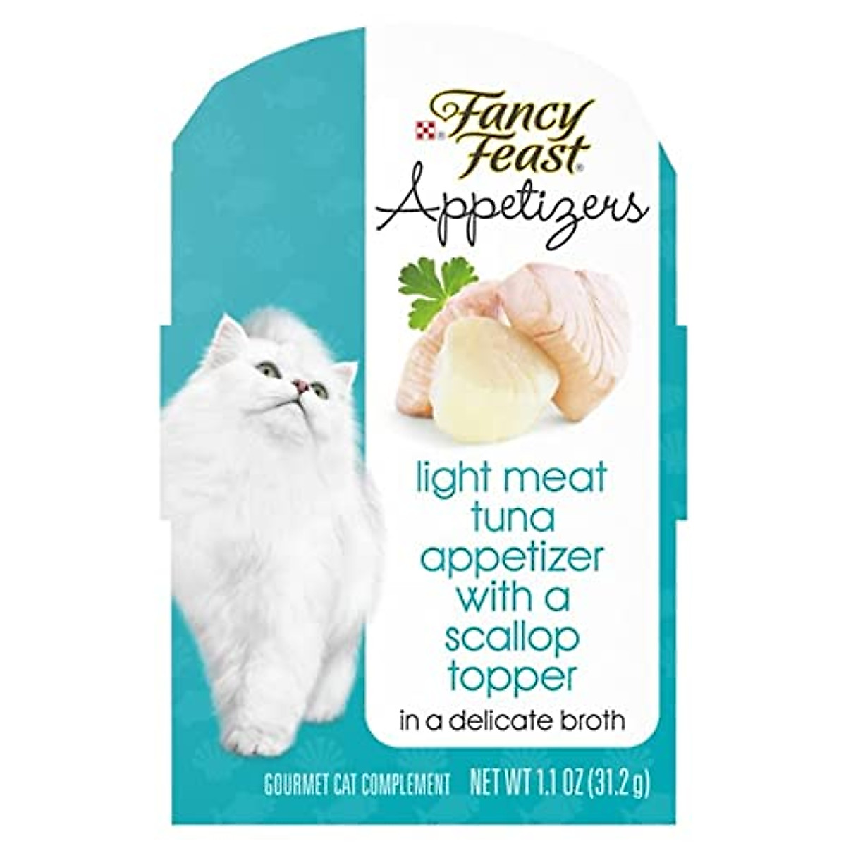Purina Purely Fancy Feast Appetizers Cat Treats Flavor Variety Sampler Bundle of 12 Containers, (1.1 Ounces Each) with a Bundle a Plastic Noisy Cat Toy Ball and WMB's Sticker.