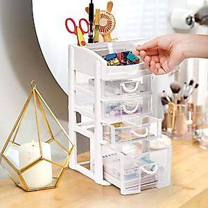 ZOOFOX 2 Pack Plastic Storage Drawers, Small 5 Drawer Desktop Storage Unit, White Frame with Clear Drawers for Small Tools, Sewing Accessories, Stationary, Hardware, Arts and Crafts