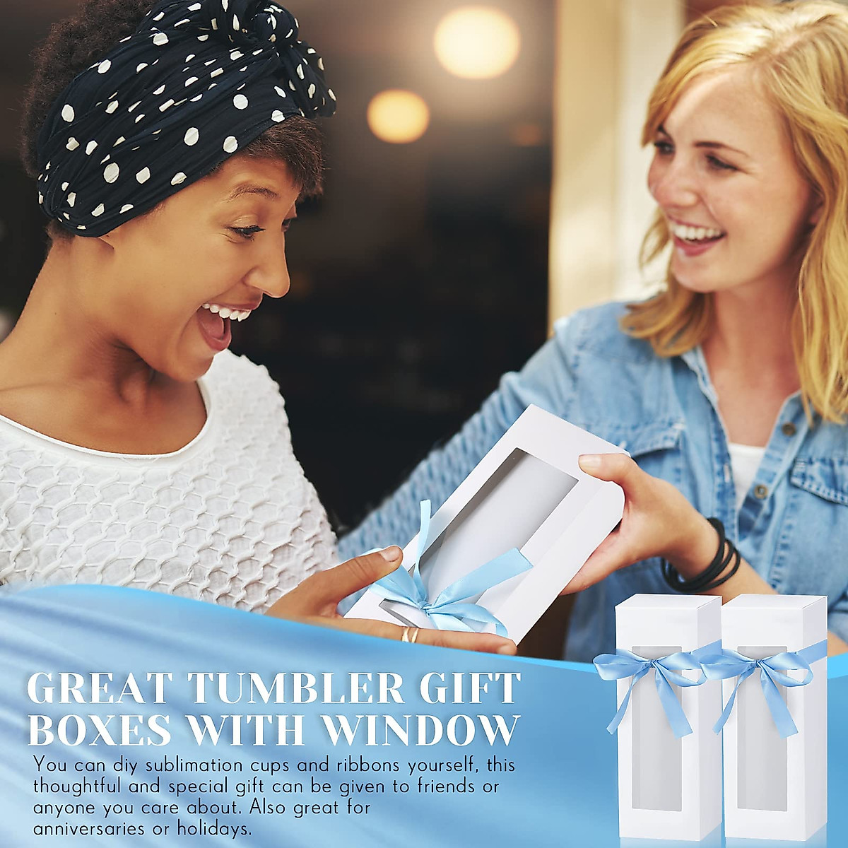 PerKoop 24 Pcs Tumbler Gift Boxes with Ribbon Sublimation Tumbler Transparent Exhibition Gift Boxes 12 oz, 20 oz, 30 oz Heat Press Sublimation Blanks Skinny Tumbler Gift Wrapping (White, Blue)