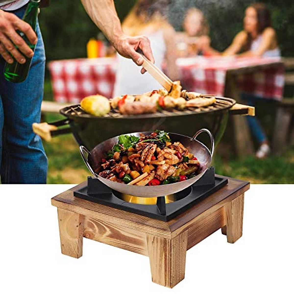 BHDD Barbecue Stove, Portable Tabletop Korean BBQ Grill Camp Griddle Hot Pot Stove Camping Alcohol Stove Griddle Hibachi Grill Indoor Furnace Kitchenware, with Wooden Shelf, for Outdoor Picnic