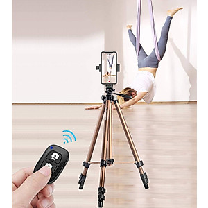 Phone Tripod,51in Adustable Video Recording Camera Tripod Stand with Cellphone Rotation Mount Holder and Bluetooth Remote Compatible with iPhone/Android/DSLR Camera/Action Camera GoPro - Champagne