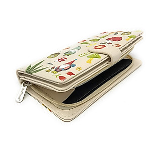 Shag Wear Gnome Forest Mushroom Large Whimsical Wallet for Women and Teen Girls Vegan Faux Leather Beige 7"
