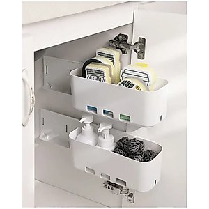 Wall Mounted Under Sink Organizer And Storage For Kitchen Bathroom Pantry Pull-out Hanging Drawer Slide Out Bin Cabinet Organizer Adhesive Wall Mounted No Drilling