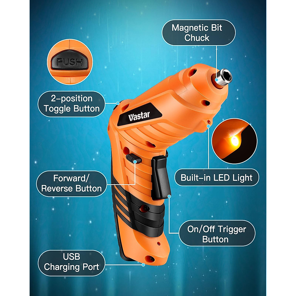 Vastar Cordless Electric Screwdriver Set, 48Pcs 3.7V Rechargeable Screwdriver Kit, Dual Position Handle, Battery Indicator, Flexible Shaft, LED Light