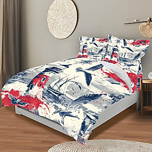 Nautical Dreams Duvet Cover Queen Size 3D Printed Duvet Cover Set Lighthouse Sailboat Seagull Voyage Exploration Bedding Set Home Decoration Comforter Cover Cozy Quilt Cover with 2 Pillowcases