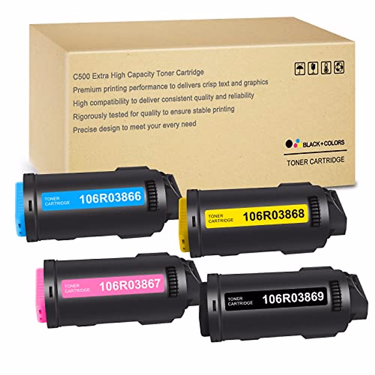 VersaLink C500/C505 High Capacity Toner Cartridge Remanufactured for Xerox 106R03869 106R03866 106R03867 106R03868 Toner Cartridge (Black, Cyan, Magenta, Yellow, 12,100 / 9,000 Pages)