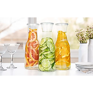 Large Glass Carafe Pitchers, By Kook, 50 oz Beverage Dispensers, Clear Jugs For Mimosas, Water, Wine, Milk and Juice, with Plastic Lids, Dishwasher Safe, of 3