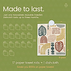 Harps&Seb Reusable Swedish Dishcloths for Kitchen – Super Absorbent Washable Swedish Dish Towels with Convenient Hanging Clips – Odorless Non Scratch Cellulose & Cotton Dish Cloth Set – 6 Pack