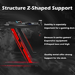 Shahoo PC Gaming Desk 44 Inch Z Shaped Carbon Fiber Surface Desktop Computer Table with Cup Holder & Headphone Hook, 44 in, Black