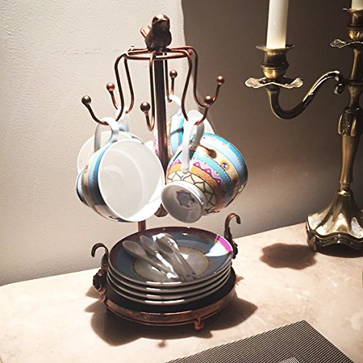 Creation Core Vintage Bronze Iron Coffee Cup Holder Storage Premium Rustic Tea Mug and Saucer Display Rack Holds 6 Cups