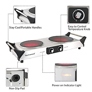 Techwood Electric Stove, Double Infrared Ceramic Hot Plate for Cooking, Two Control Cooktop Burner, Portable Anti-scald handles Suitable for Office/Home/Camp Use, 1800W Compatible for All Cookwares