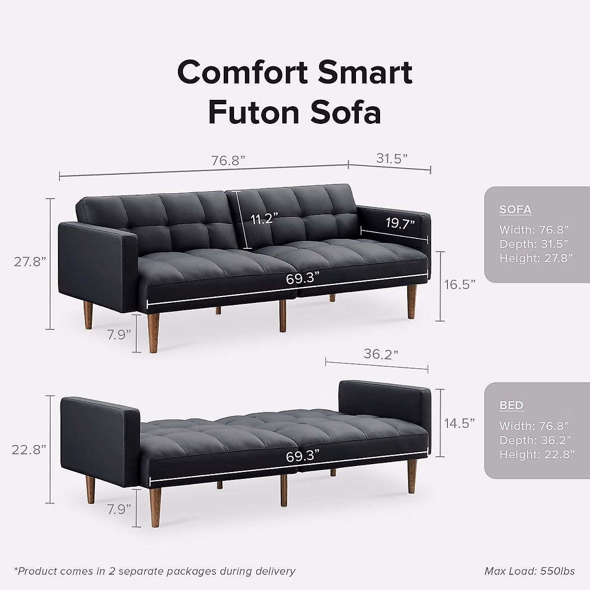 mopio Aaron 76.8" Couch, Small Futon Sofa Bed, Sleeper, Loveseat, Mid Century Modern Futon Couch, Sofa Cama, Couches for Living Room, Bedroom (Midnight Black, Faux Leather)