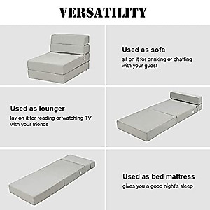 Mayjooy Tri-Fold Sofa Bed, Triple Fold Down Floor Couch w/Washable Cover & Flocking Surface, Modern Convertible Futon Sleeper Chair for Living Room/Bedroom, Upholstered Guest Chaise Lounge (Gray)