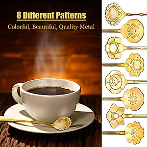 8 Pieces Flower Spoon Coffee Teaspoon Set Stainless Steel Tableware Creative Sugar Spoon Tea Spoon Stir Bar Spoon Stirring Spoon, 8 Different Patterns (Gold)