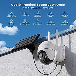 ieGeek 5MP Security Cameras Wireless Outdoor, Solar Camera Security Outdoor WiFi 360° PTZ Battery Powered with Spotlight & Siren/Motion Detection/Color Night Vision/2-Way Audio/IP65, Works with Alexa