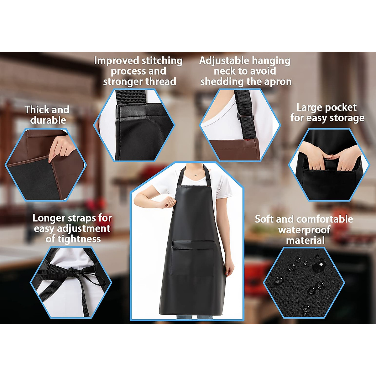 RUIFYRAY Black Vinyl Leather Apron with Pockets for Women, Waterproof for Kitchen, Cooking, Dishwashing, Dog Grooming