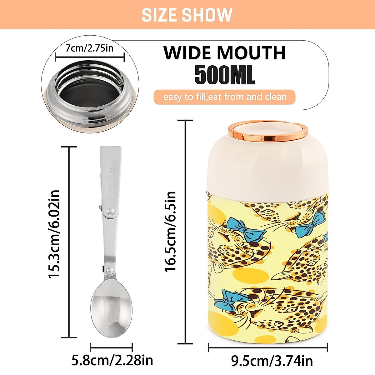 CUPADA Trendy Leopard Bow Tie Food Jar for Hot and Cold, Funny Animals Head Insulated Food Jars Vacuum 17OZ with Folding Spoon for Work Trip Picnic Camping