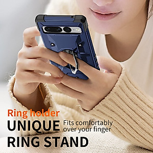 Suordii Case for Google Pixel 7 Pro with Tempered Glass Screen Protector, Durable Military-Grade Heavy Duty Phone Case with Ring Holder Kickstand for Google Pixel 7 Pro - Blue