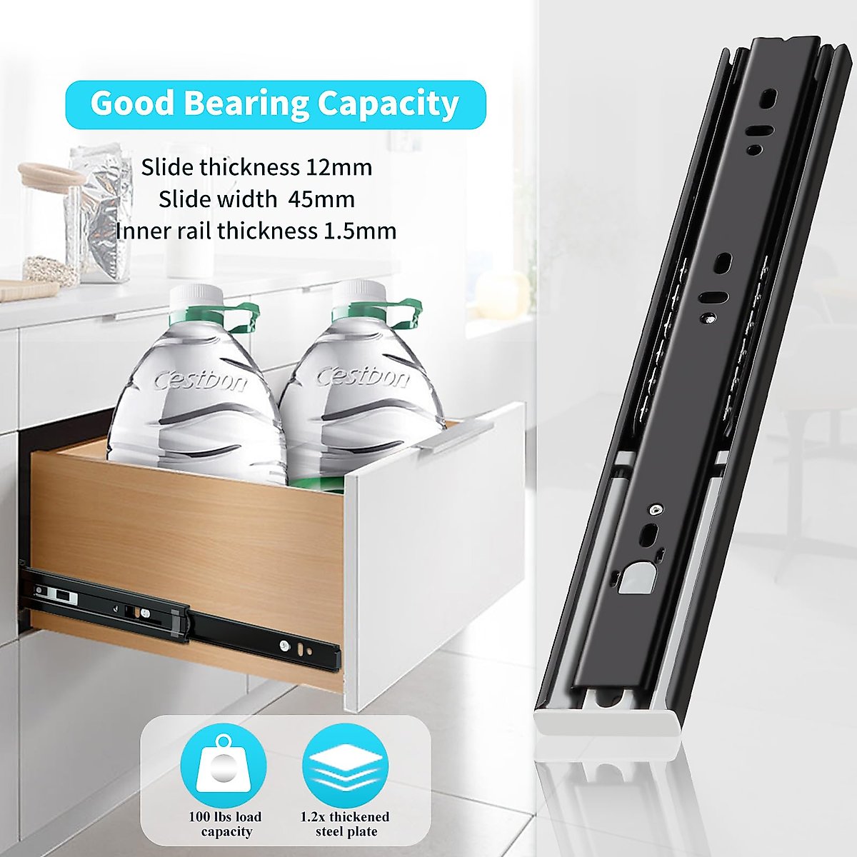 YENUO Push to Open Drawer Slides Full Extension Rail 12 14 16 18 20 22 24 inch handleless Side Mount Dresser Cabinet Bracket Replacement Ball Bearing Tracks kit Guide Runner 100lb 1Pair