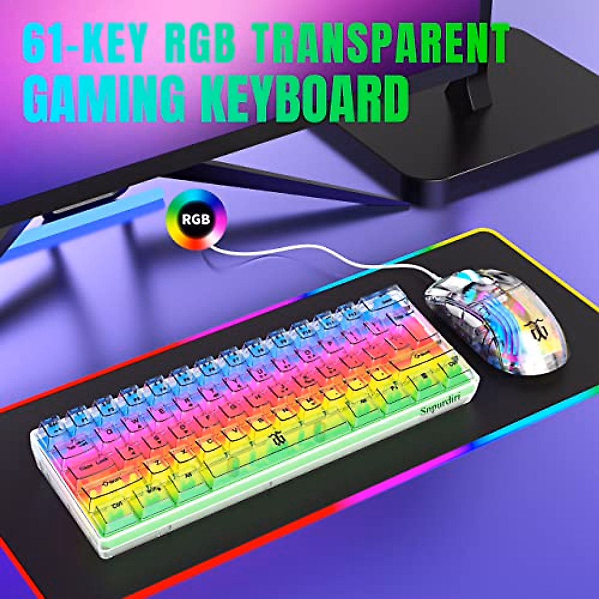 Snpurdiri 60% Wired Gaming Keyboard, RGB Backlit Ultra-Compact Mini Keyboard, Waterproof Small Compact Transparent Keycaps for PC/Mac Gamer(White Transparent)