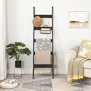 HOOBRO Blanket Ladder, 5-Tier Towel Rack with Hooks, Wall-Leaning Blanket Rack, Decorative Display Ladder Shelf, Scarves, Industrial, Living Room, Bedroom, Black BB52CJ01