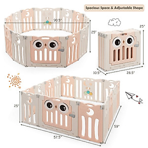 Costzon Foldable Baby Playpen Baby Fence with Lock Door, Rubber Pads & Anti-Slip Rubber Bases, Indoor Outdoor Safety with Adjustable Shape for Toddlers (14-Panel, Pink)