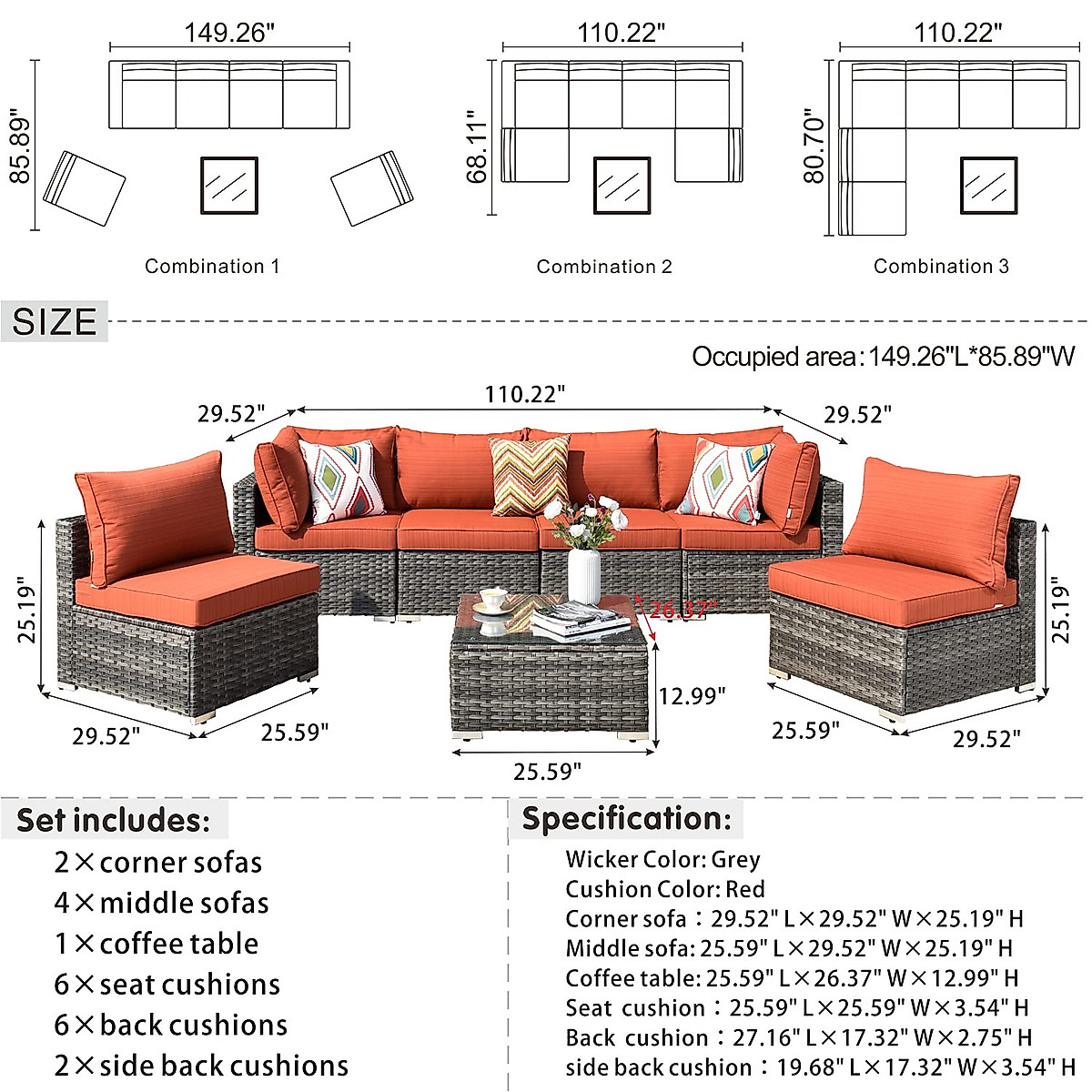 XIZZI Patio Furniture Sectional Sofa with Glass Table 7 Piece Outdoor Patio Furniture Sets All Weather Wicker Rattan Couch, Backyard Patio Conversation Sets (Orange Red)