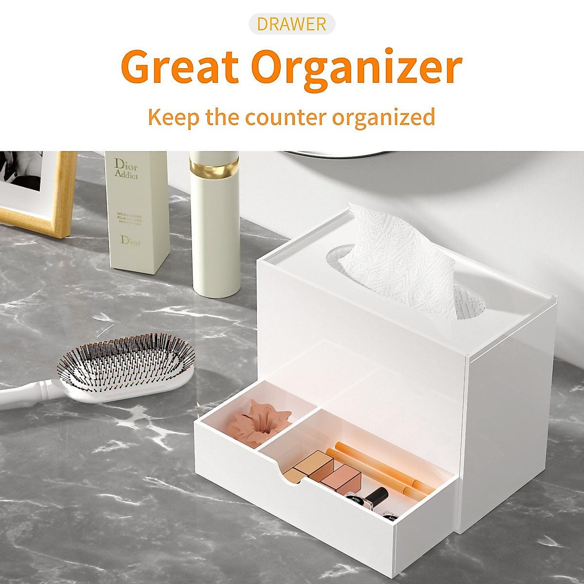 Femeli Acrylic Tissue Box Cover, White Multifunctional Tissue Box Organizer,Modern Rectangular Tissue Box Holder with Drawer for Bathroom,Bedrooms,Office