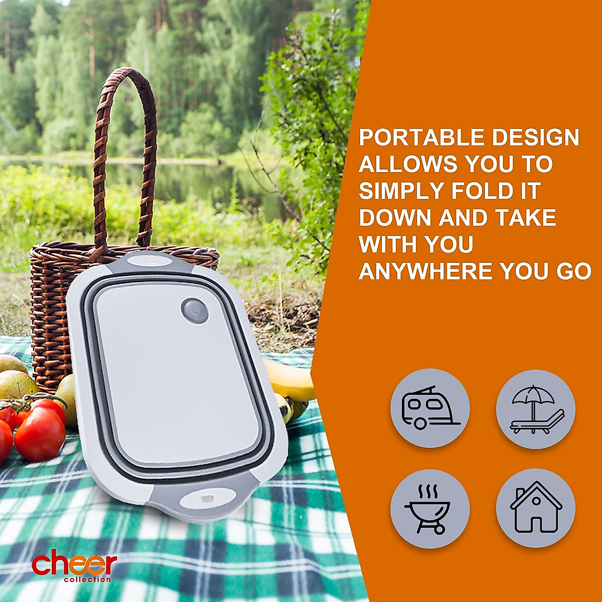 Cheer Collection Collapsible Cutting Board - Foldable Sink Colander and Chopping Board with Drainage Hole, Non-Slip Multifunction Storage Basket for Camping BBQ Picnic