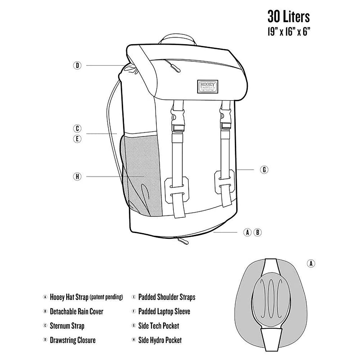 HOOEY Topper 30 Liter School Hiking Backpack Rain Cover Hat Strap Laptop Sleeve Drawstring Closure (Burgundy/Black/Grey)