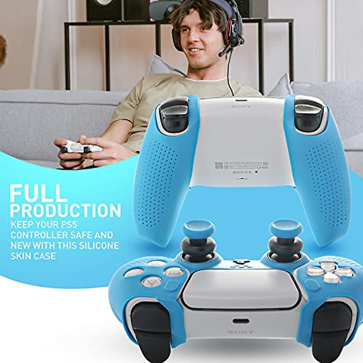 ECHZOVE PS5 Controller Accessories, PS5 Controller Skin, PS5 Controller Plate and PS5 Thumb Grips - Light Blue