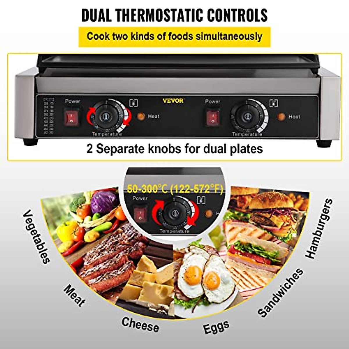 Happybuy Commercial Sandwich Panini Press Grill,110V 2x1800W Double Up Grooved and Down Flat Plates Electric Stainless Steel Sandwich Maker,Temperature Control 122°F-572°F for Hamburgers Steaks Bacons