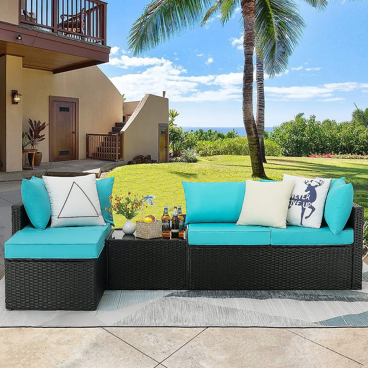 VITESSE Patio Furniture Sets All Weather Outdoor Sectional Sofa Manual Weaving Wicker Rattan Patio Conversation Set with Cushion and Glass Table (5 Pieces, Light Blue)