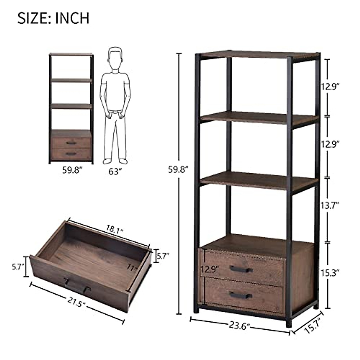 Industrial Wood Bookcase with Two Drawers, Book Storage Rack with Open Display Shelves 4-Tier Open Etagere Bookcase with Adjustable Foot Pads for Living Room, Bedroom, Office, Brown