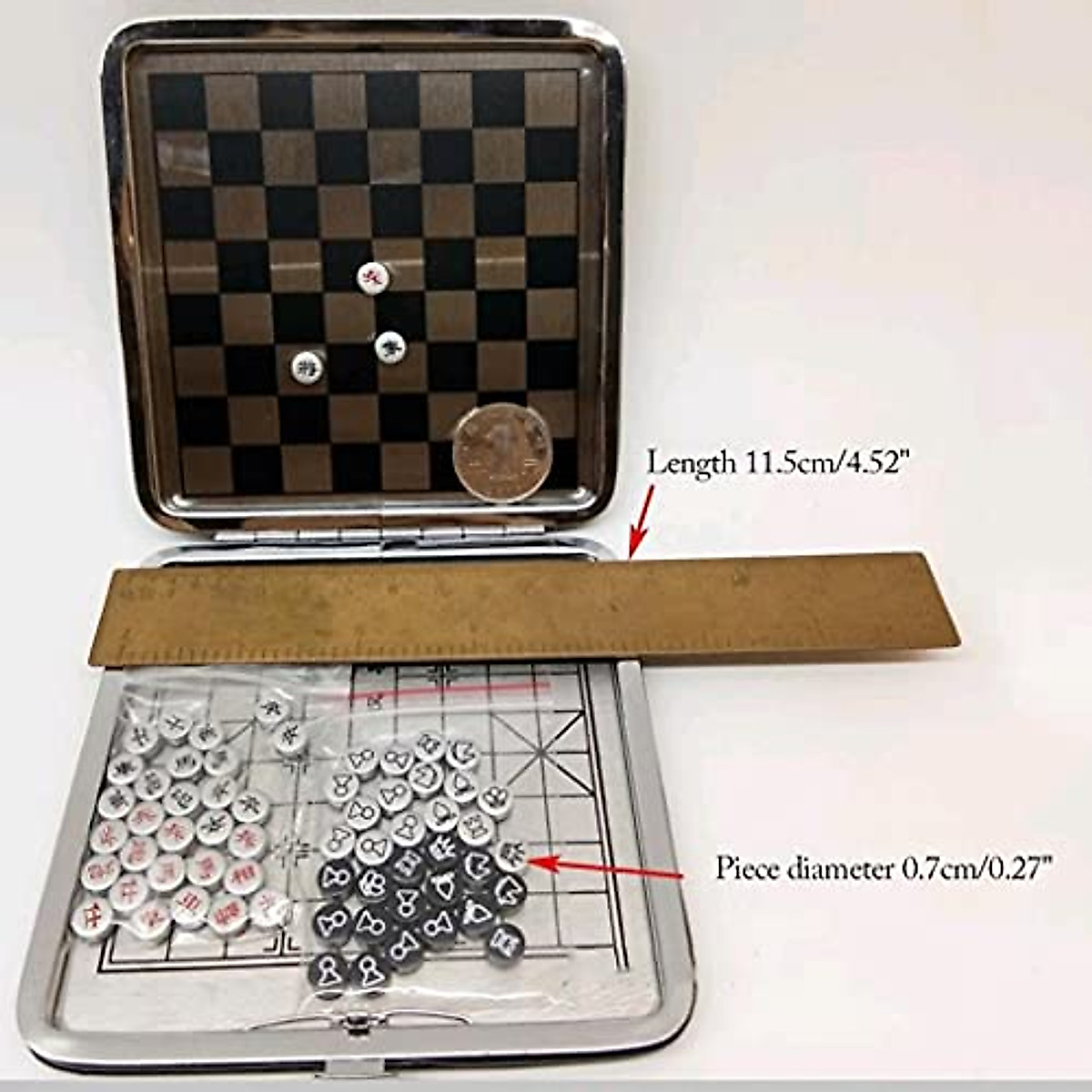 Magnetic Travel Chess Set Portable Mini Chess Set with Leather Chess Box and Magnetic Chess Pieces 2 in 1 Chess Set 4.6in Board Games (Color : Chinese Chess+Flying Chess)