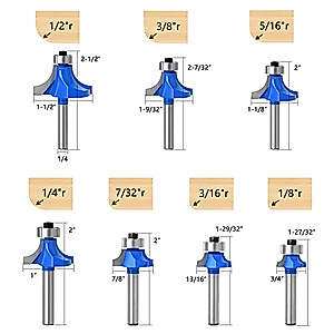 MEIGGTOOL 7Pcs 1/4"Inch Shanks Roundover Edging Router Bit Set,Round Radius: 1/2",3/8",5/16",1/4",7/32",3/16",1/8"
