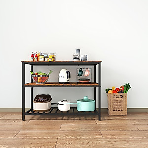 Lamerge Kitchen Island with 3 Shelves, Industrial Kitchen Counter, Kitchen Island with Metal Frame/MDF Top, 3 Tier Kitchen Shelf with Large Workstation for Home, Restaurant(Rustic Brown)