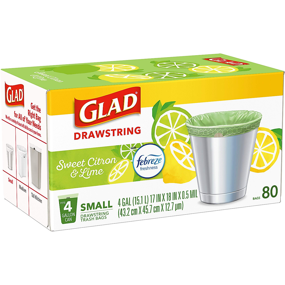 Glad Small Kitchen Drawstring Trash Bags – 4 Gallon Green Trash Bag Febreze , Sweet Citron & Lime, 80 Count (Package May Vary)