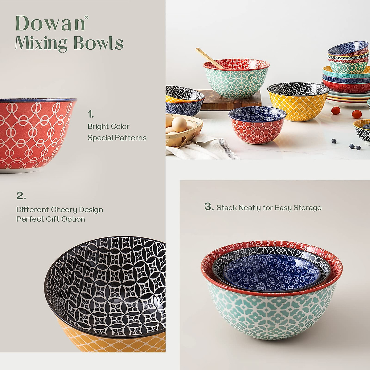 DOWAN Mixing Bowls, Ceramic Mixing Bowls for Kitchen, Colorful Vibrant Nesting Bowls for Cooking, Baking, Prepping, Serving, Salad, Housewarming Gift, Microwave Dishwasher Safe, 3.7/2/1 Qt, Set of 3