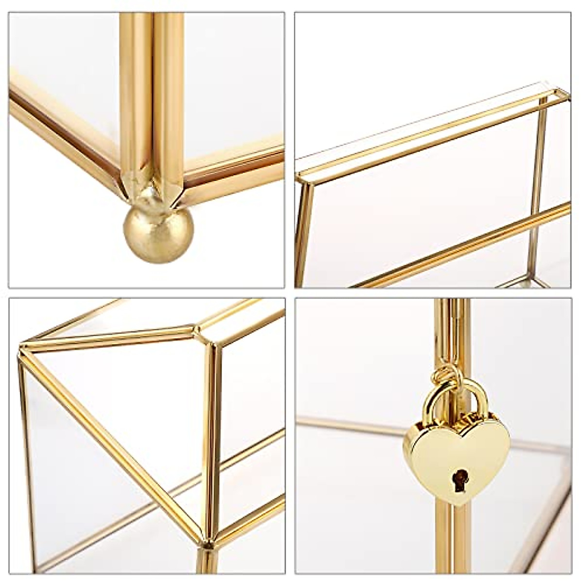 ELLDOO 12.6" Gold Glass Wedding Card Box with Heart Lock, Glass Gift Boxes, House Shape with Feet Clear Terrarium Planter for Wedding Receptions, Centerpiece Decor, Keepsake, Gift Display Box, Large Size