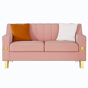 VLUOO 58” Velvet Pink Sofa Couch with Gold Accents, 2-Seat Modern Velvet Loveseat Sofa with Plush Cushions, Perfect for Living Room and Office