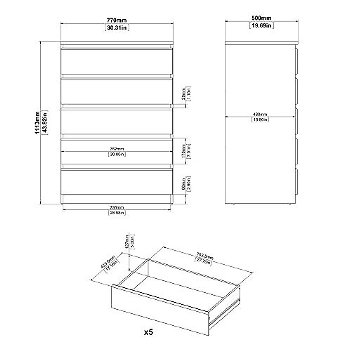 Tvilum, Handle-free, Contemporary, Bedroom Furniture, College Living 5 Drawer Chest, Black