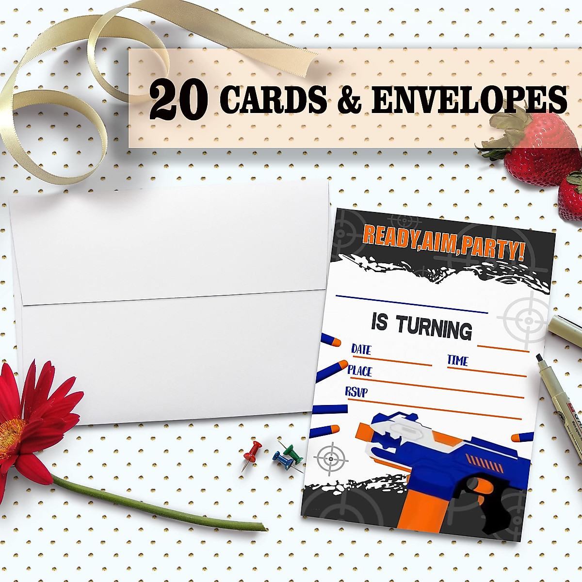 Birthday Party Invitation Cards, Dart War Party Celebration, Blaster Nerf Gun Battle Birthday Party Supplies, Favors, 20 Cards With 20 Envelopes – (B03)