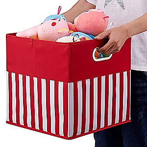 i BKGOO Folable Fabric storage Bins.Set of 3 Cubby Cubes with Handles Red-White Vertical lines 13x13x13 inch