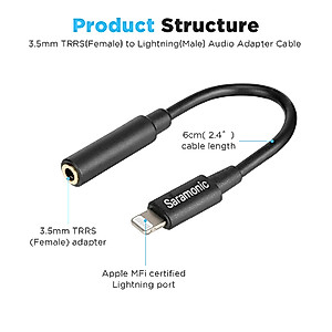Saramonic 3.5mm TRRS to Lightning Female Adapter Cable, SR-C2002 3.5mm Micro Lightning to Apple Cable MFi Certified Compatible with iPhone, iPad Smartphones and Tablets (6cm)