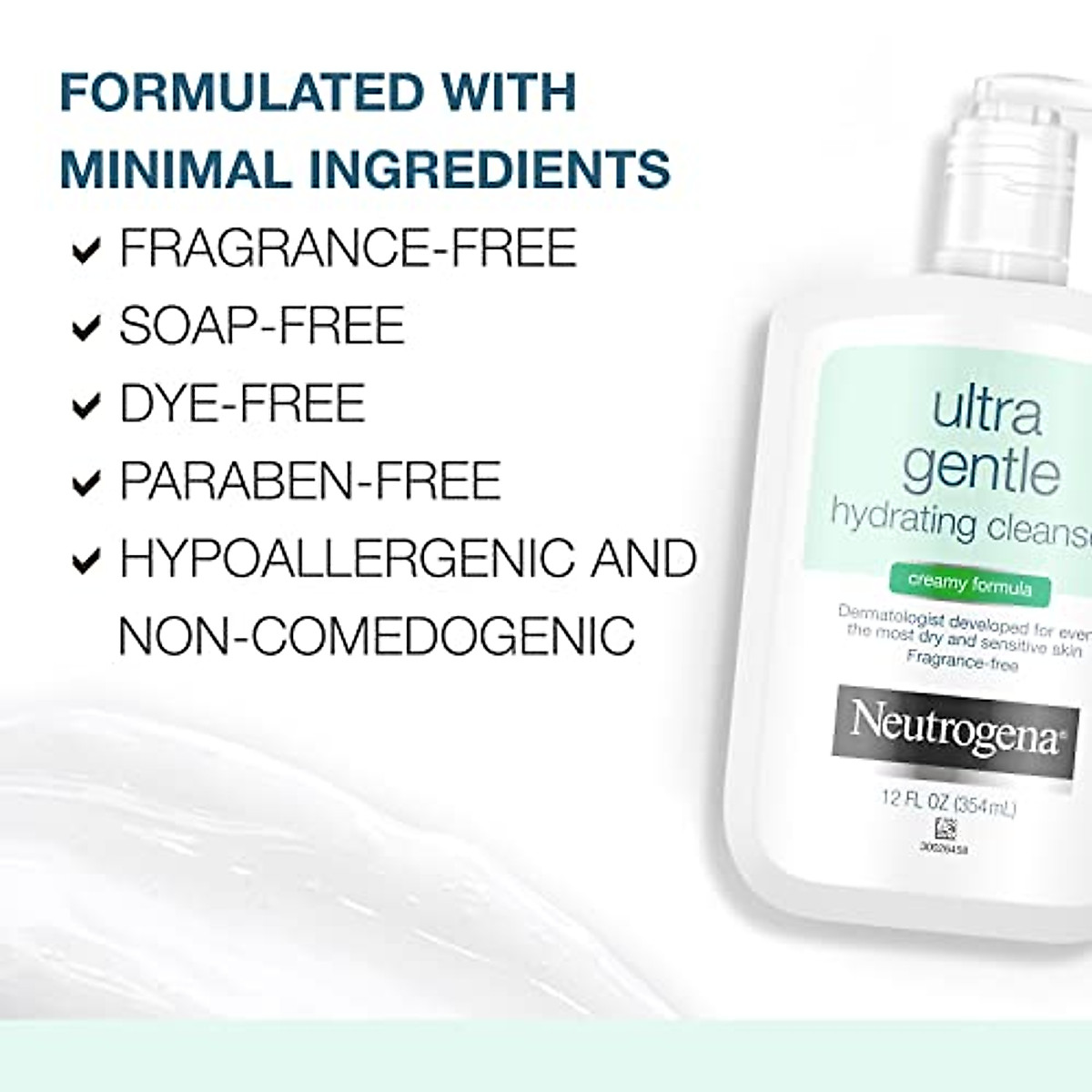 Neutrogena Ultra Gentle Hydrating Daily Facial Cleanser for Sensitive Skin, Acne, Eczema & Rosacea, Oil-Free, Soap-Free, Hypoallergenic & Non-Comedogenic Creamy Face Wash, 12 fl. oz