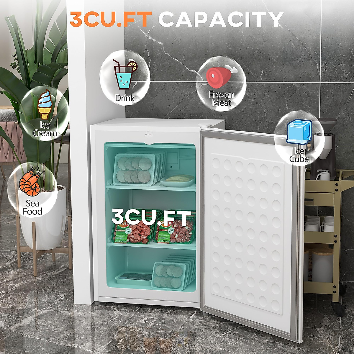 HOMCOM Mini Freezer Countertop, 3 Cu.Ft Compact Upright Freezer with Removable Shelves, Reversible Door for Home, Dorm, Apartment and Office, White