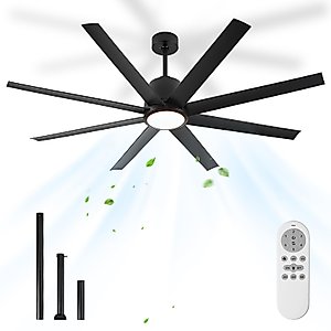 FookChak 65in Black Large Ceiling Fan with Lights 8-Blade Remote Control Outdoor Fan Light for Patio Large LED Ceiling Fan Light for Garage Gym Room Living Room